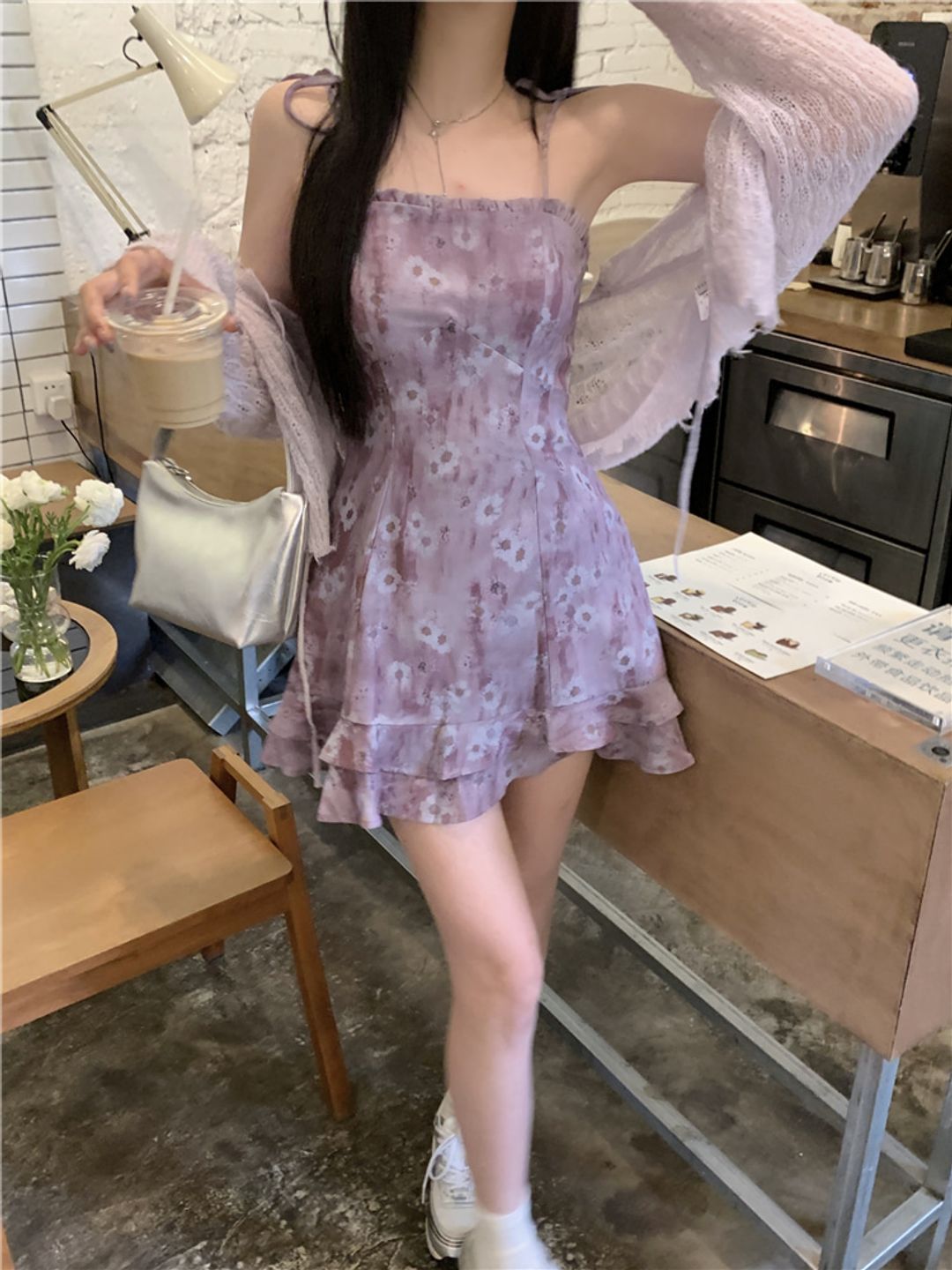 퍼플 미니 원피스시스루 가디건 Set 스퀘어 넥 플라워 민 소매 나시 티어드 캉캉 A 라인 프릴 플레어 미니 숏 짧은