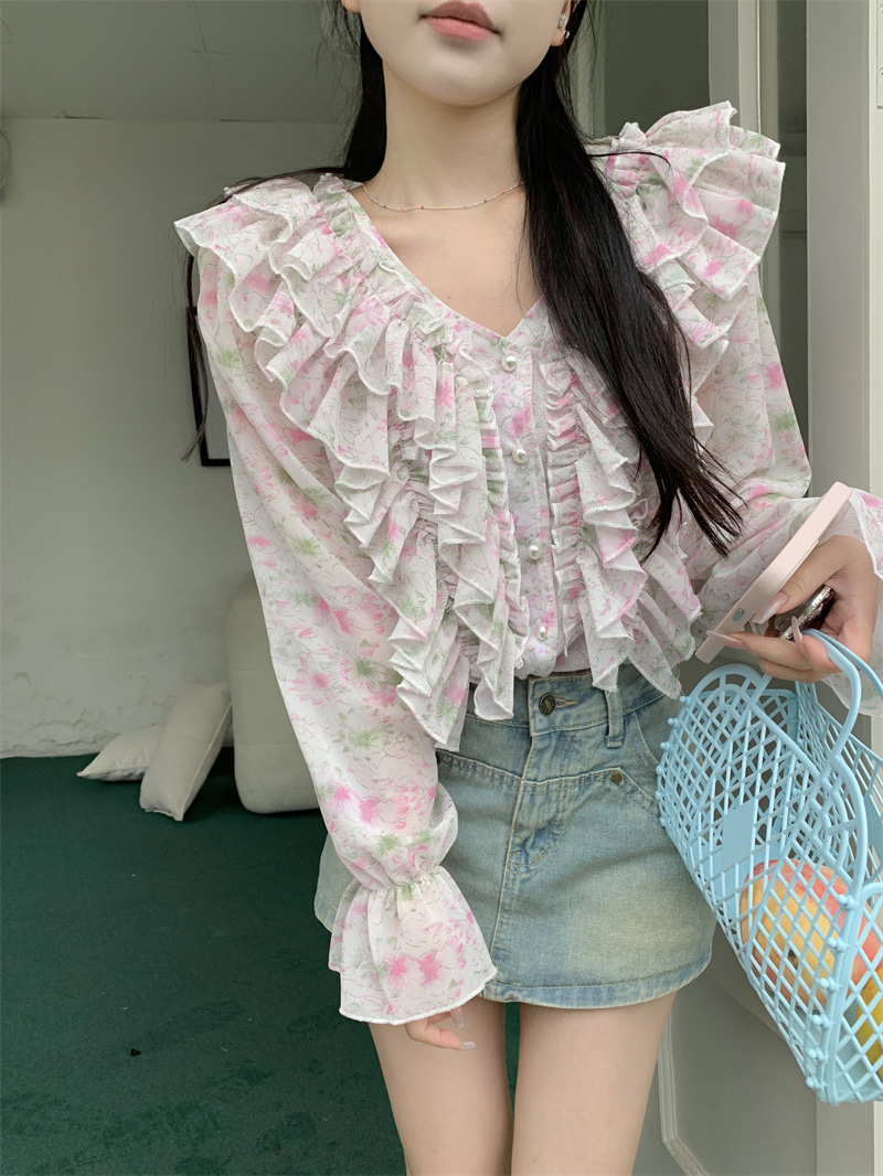 프릴 러블리 진주 블라우스 V 브이 넥 러플 레이스 셔링 롱 슬리브 쉬폰 얇은 긴팔 봄 여름 블라우스 셔츠 청순 여리 하늘하늘 여친 데이트 페미닌 룩