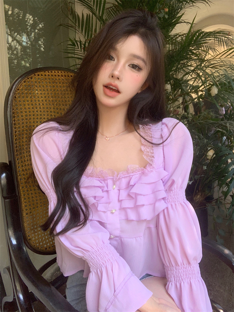 프릴 티어드 진주 블라우스 스퀘어 넥 러블리 페미닌 롱 슬리브 얇은 긴팔 퍼플 연 보라 하늘하늘 청순 여리 셔츠 탑 여친 데이트 룩