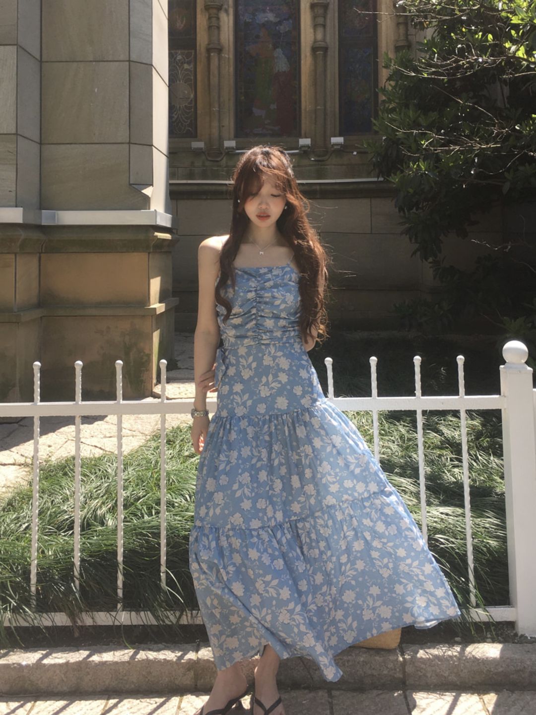 쉬폰 플라워 셔링 롱 원피스 스퀘어 넥 민 소매 끈 나시 슬리브리스 하이 웨스트 A 라인 롱 미디 플레어 스커트 치마 드레스