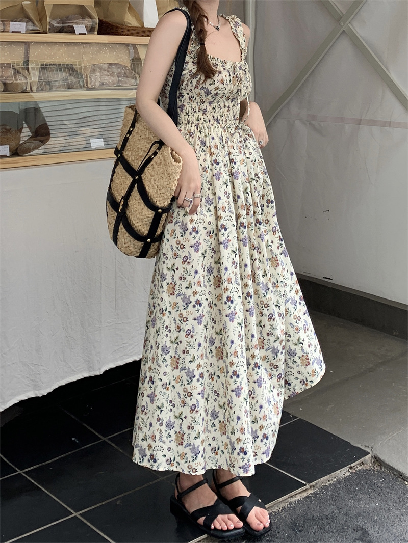 프렌치 플라워 원피스볼레로 Set 스퀘어 넥 밴딩 셔링 프릴 슬리브리스 나시 하이 웨스트 A 라인 플레어 롱 미디 스커트 치마 드레스 꽃 무늬 페미닌얇은 긴팔 롱