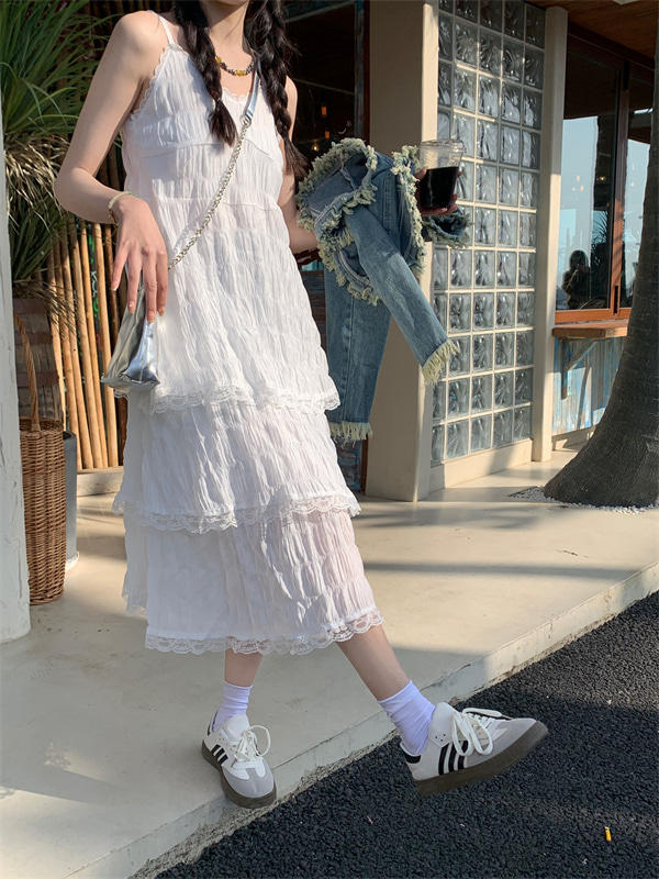 화이트 컵 케익 레이어드 원피스 레이스 스티치 끈 나시 민 소매 티어드 캉캉 롱 미디 A 라인 플레어 셔링 주름 페미닌 러블리 스커트 치마 드레스 청순 여리 하늘하늘