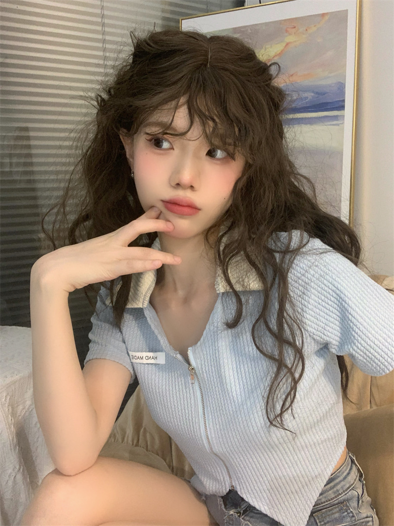 블루브라운 케아 파스텔 골지 지퍼 카라 라운드넥 여리 슬림핏 얇은 썸머 데일리 캐주얼 꾸안꾸 유니크 봄 여름 반팔 니트