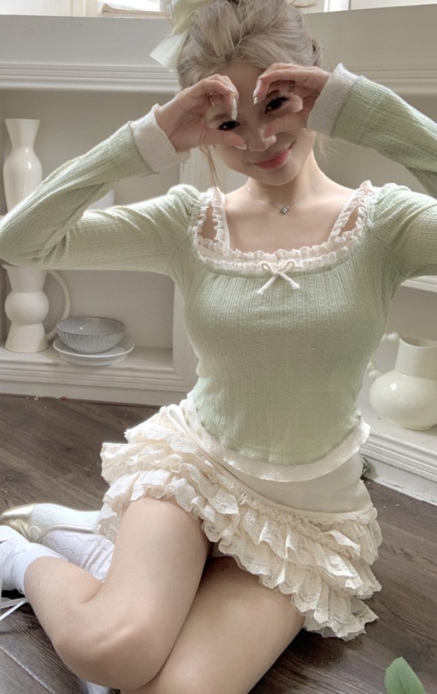 하프닌 단품구매가능 빌레 러블리 프릴 리본 레이스 긴팔 여리 슬림핏 딱붙는 크롭 티셔츠 하이웨스트 티어드 캉캉 미니 스커트