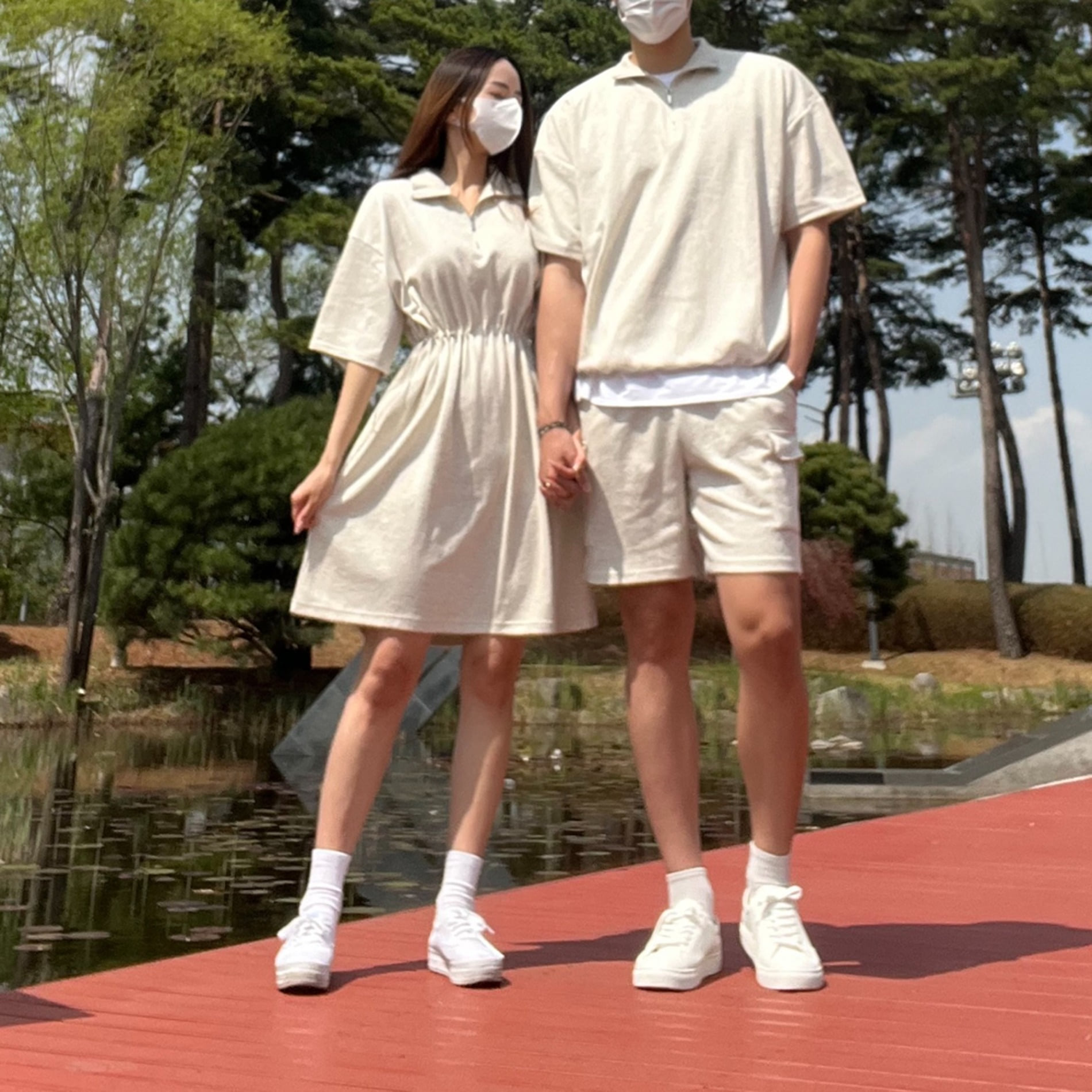 뉴감성 👕반팔버전국내제작🌷커플룩강추🌷 빅사이즈 여름 아노락 반집업 원피스 오버핏 반팔 카고 반바지 커플 트레이닝 세트 제주도 휴양지 웨딩촬영 캐주얼 커플 시밀러룩