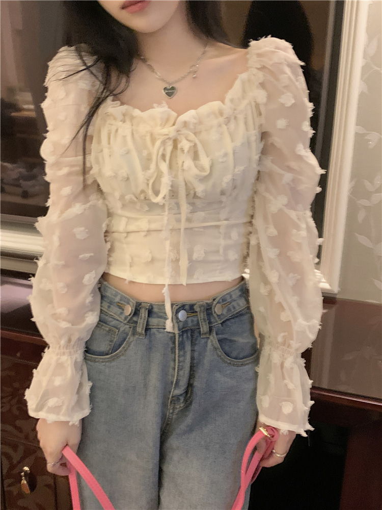 화이트 도트 시스루 블라우스 스퀘어 넥 리본 프릴 롱 슬리브 얇은 긴팔 크롭 미니 숏 귀여운 러블리 여친 데이트 룩