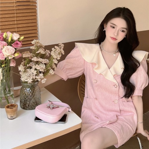 더블 트위드 프릴 카라 원피스 V 브이 넥 러블리 셔링 러플 물결 세일러 와이드 빅 카라 단추 여밈 벌룬 하프 소매 퍼프 슬리브 청순 여리 페미닌 러블리 핑크 여친