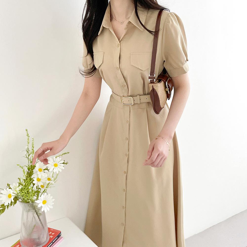 베이지하루 반팔 여름 여성 롱원피스 드레스 버튼 단추 퍼프 소매 카라넥 허리벨트 슬림핏 A라인 클래식 카키 네이비 30대 40대 여자옷 봄옷 커리어우먼 오피스 사무실 직장인