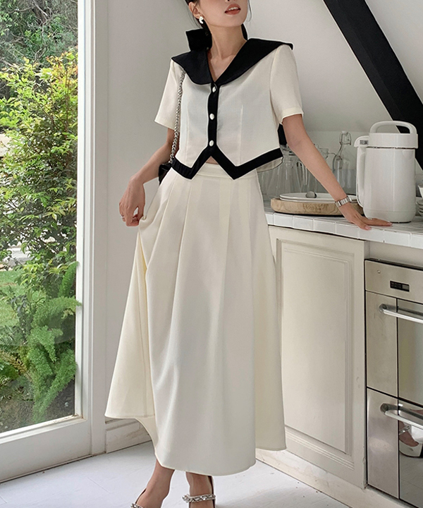 크롭 자켓 핀턱 롱스커트 투피스 브이넥 빅카라 싱글버튼 배색라인 반팔 숏 자켓 And 하이웨스트 핀턱 플레어 A라인 롱치마 세트 봄 여름 단정한 우아한 분위기있는 격식룩