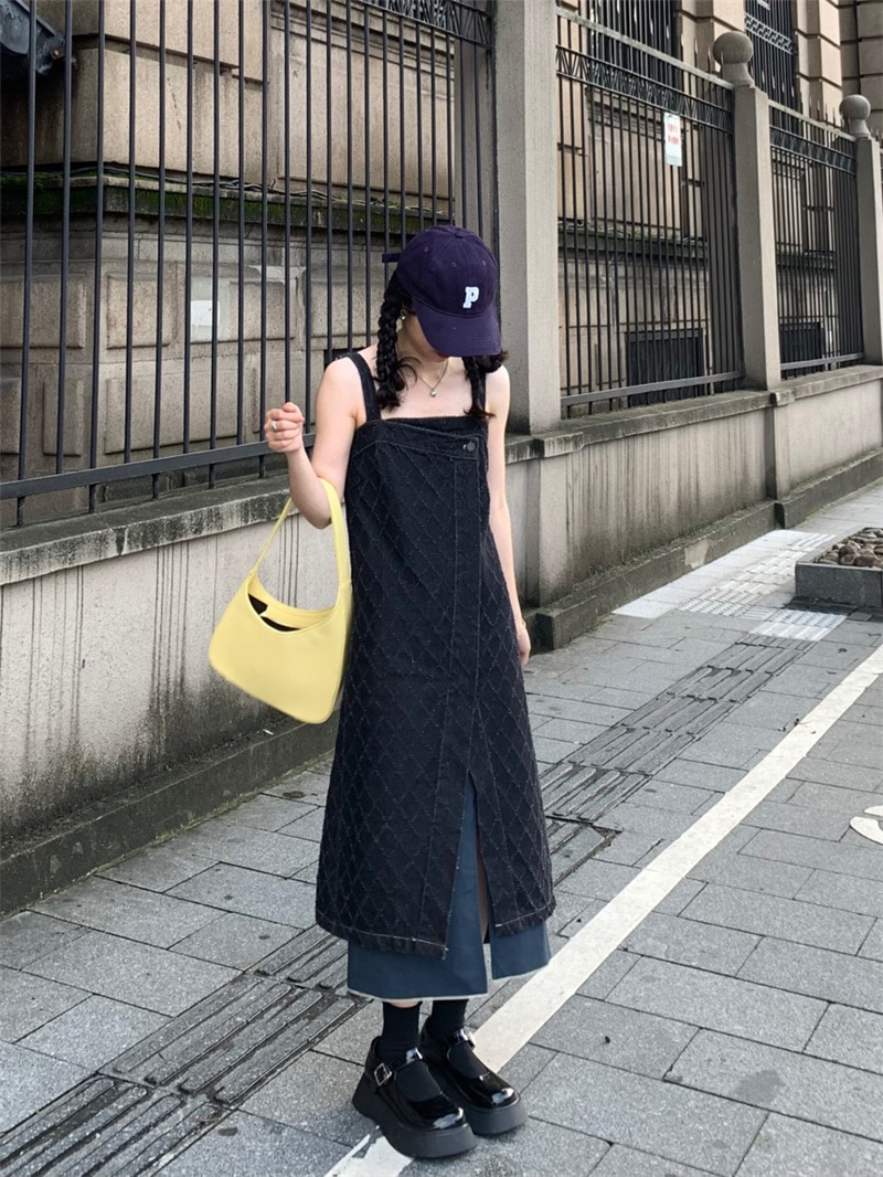 슬릿 데님 서스펜더 원피스 스퀘어 넥 끈 나시 슬리브리스 랩 스타일 슬릿 트임 파임 절개 와플 체크 무늬 캐주얼 청 스트릿