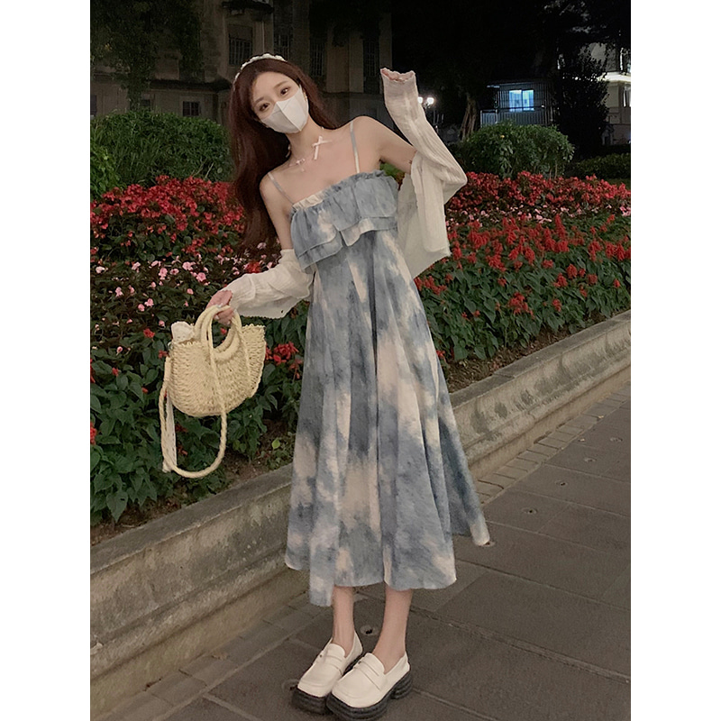 블루 나염 프릴 원피스화이트 볼레로 Set 스퀘어 넥 민 소매 나시 하이 웨스트 A 라인 롱 미디 스커트 치마 드레스크롭 미니 숏 롱 슬리브 얇은 긴팔 여름 가디건