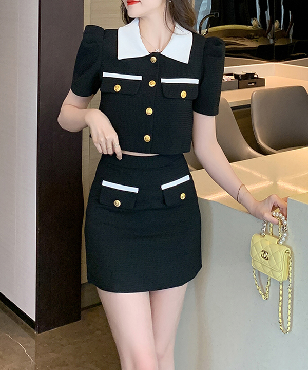 ~2xl 크롭자켓 미니스커트 투피스 카라넥 금장단추 퍼프 볼륨 반팔 반소매 일자핏 숏 자켓 And 하이웨스트 포켓 H라인 마이크로 미니스커트 세트 봄 여름 단정한