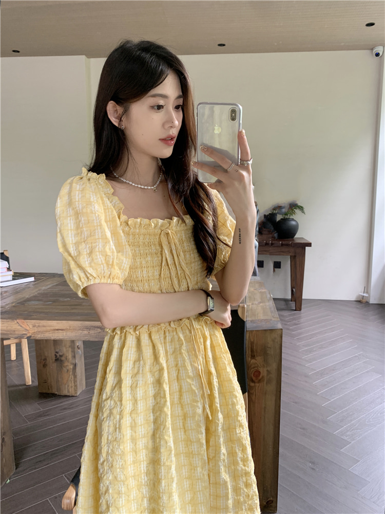 러블리 옐로우 반팔 원피스 스퀘어 넥 프릴 밴딩 리본 반팔 하프 소매 하이 웨스트 A 라인 플레어 롱 미디 스커트 치마