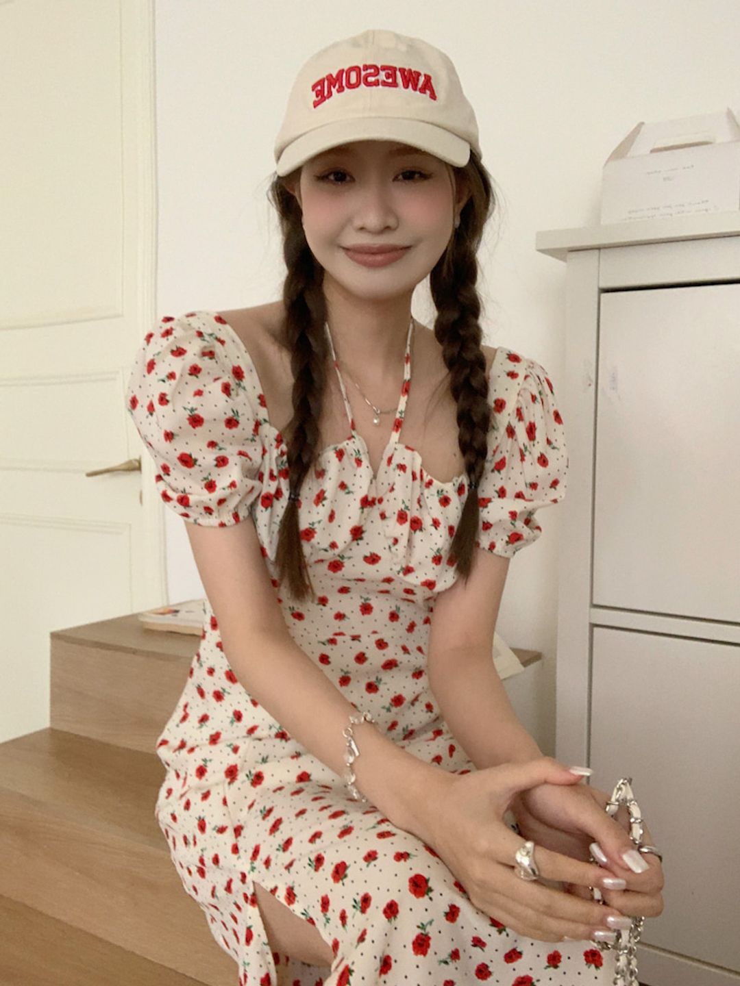 빈티지 플라워 도트 원피스 홀터 넥 끈 오프 숄더 반팔 벌룬 하프 소매 스퀘어 넥 러블리 하이 웨스트 A 라인 슬릿 롱 미디