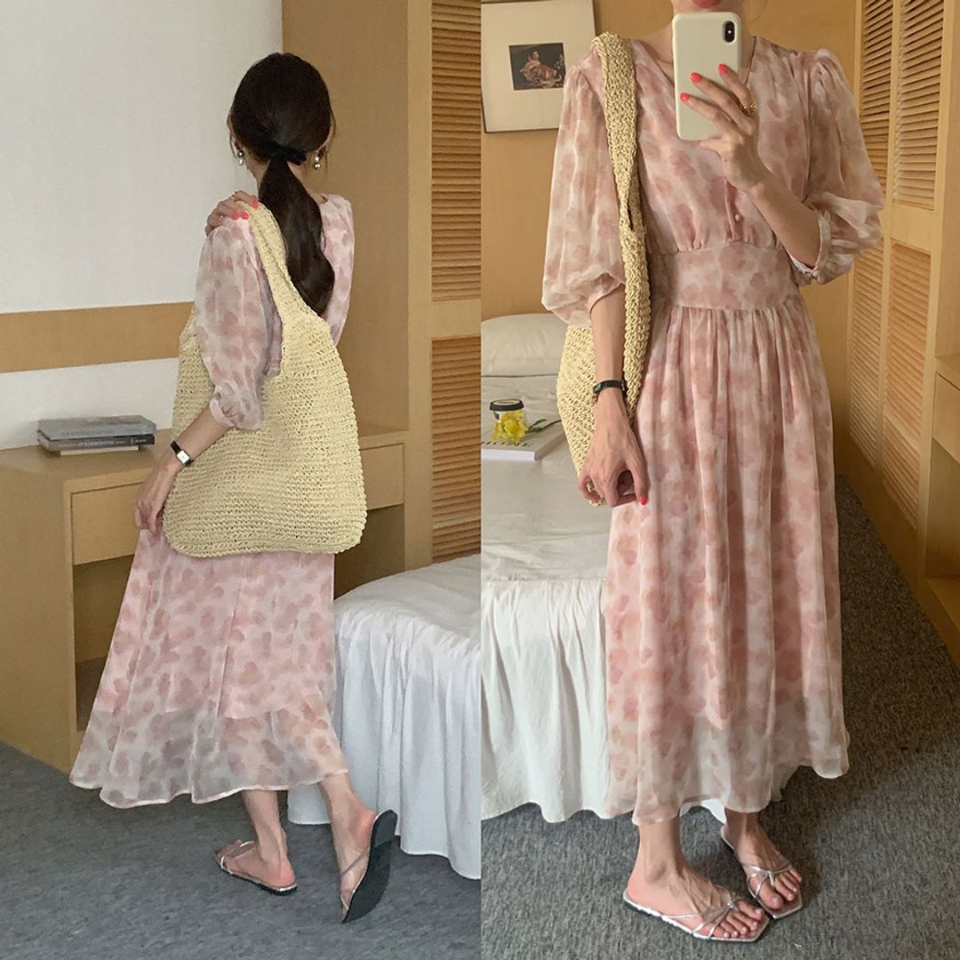 빈티지 플라워 버튼 브이 쉬폰 씨에로 원피스 2컬러