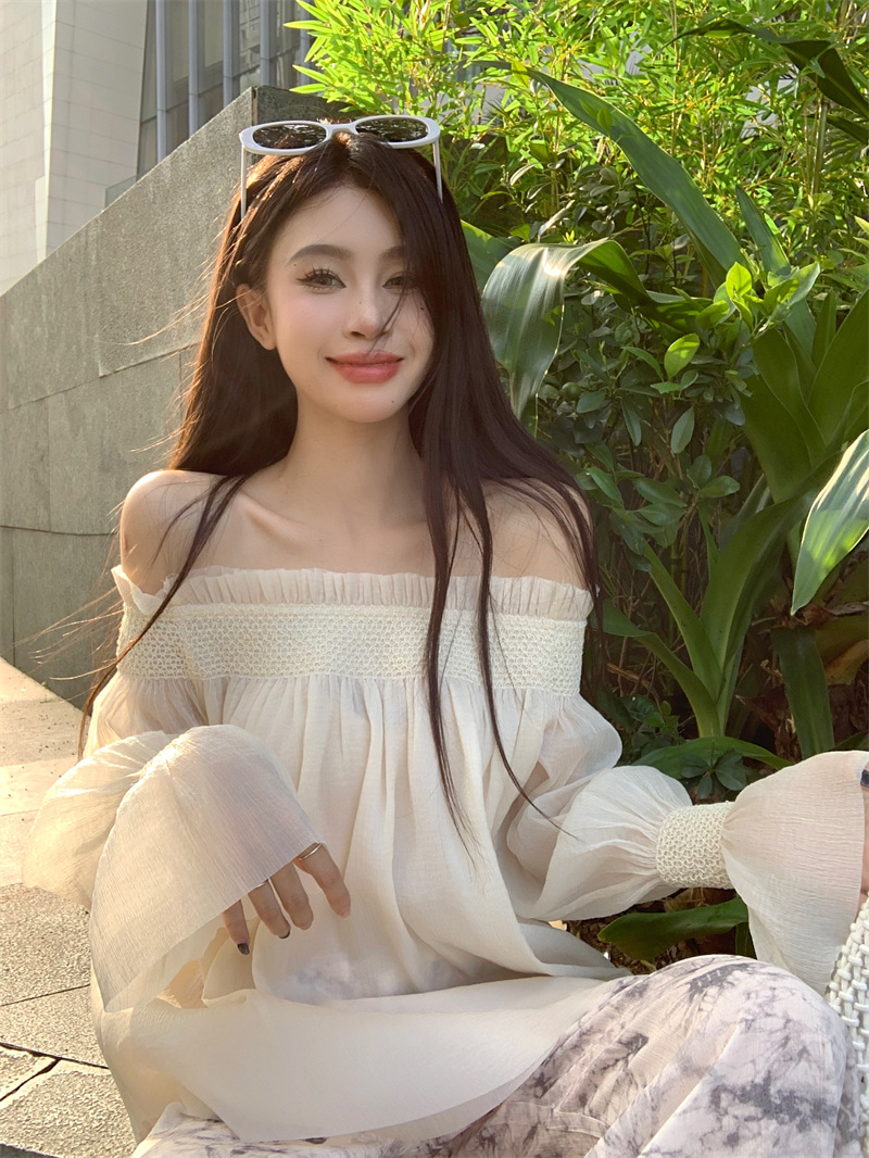 프릴 쉬폰 오프 숄더 블라우스 청순 여리 하늘하늘 룩 페미닌 러블리 린넨 롱 슬리브 긴팔 자수 라인 포인트 여름 여행 휴가