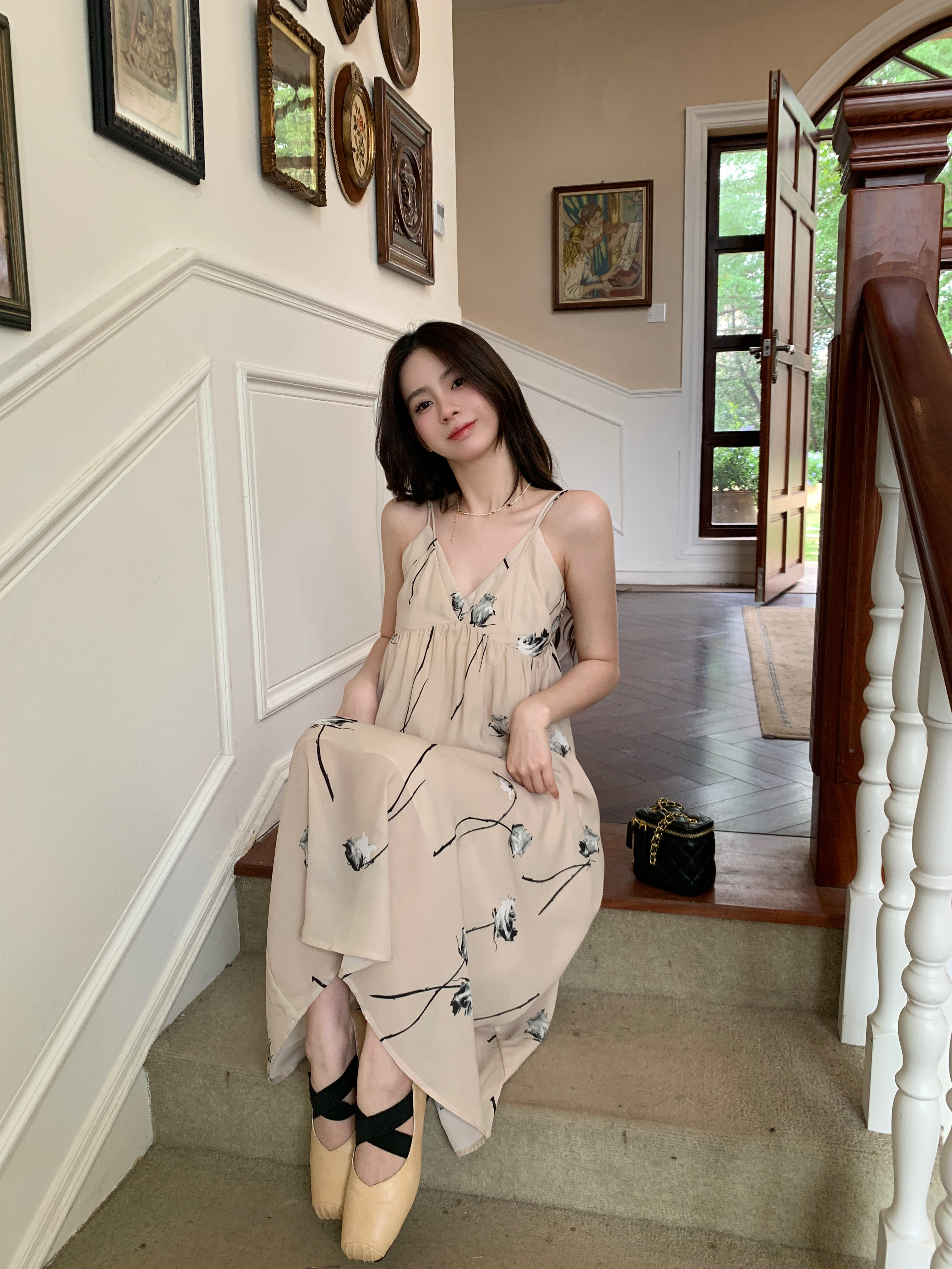 쉬폰 로즈 아이보리 원피스 고 퀄리티 하이 엔드 V 브이 넥 슬리브리스 나시 하이 웨스트 A 라인 롱 슬립 쉬폰 플로럴