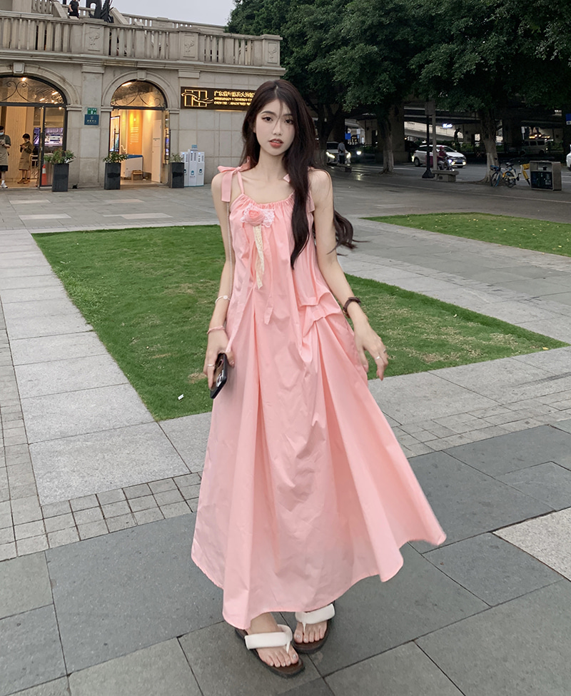 페미닌 파스텔 코튼 롱 원피스 셔링 라운드 넥 리본 끈 나시 슬리브리스 발레리나 롱 미디 셔링 A 라인 플레어 스커트 치마