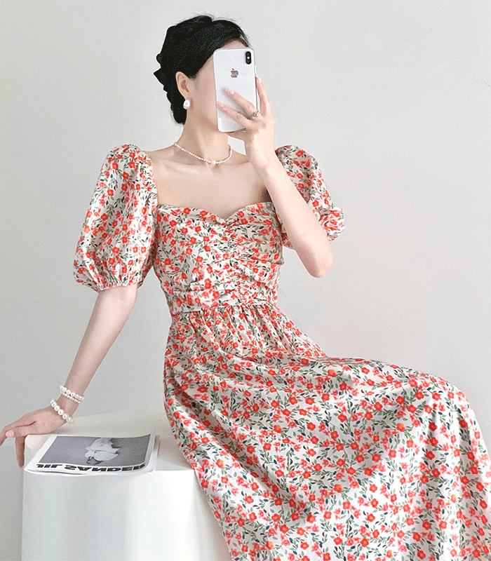 오렌지 플라워 로맨스 스퀘어넥 슬림핏 하트넥 셔링 주름 핀턱 플레어 롱 치마 여름 꽃 드레스 여성 아우터 로맨틱 빈티지 플로랄 미디 복고풍 레트로 퍼프 슬리프 주름치마 꽃