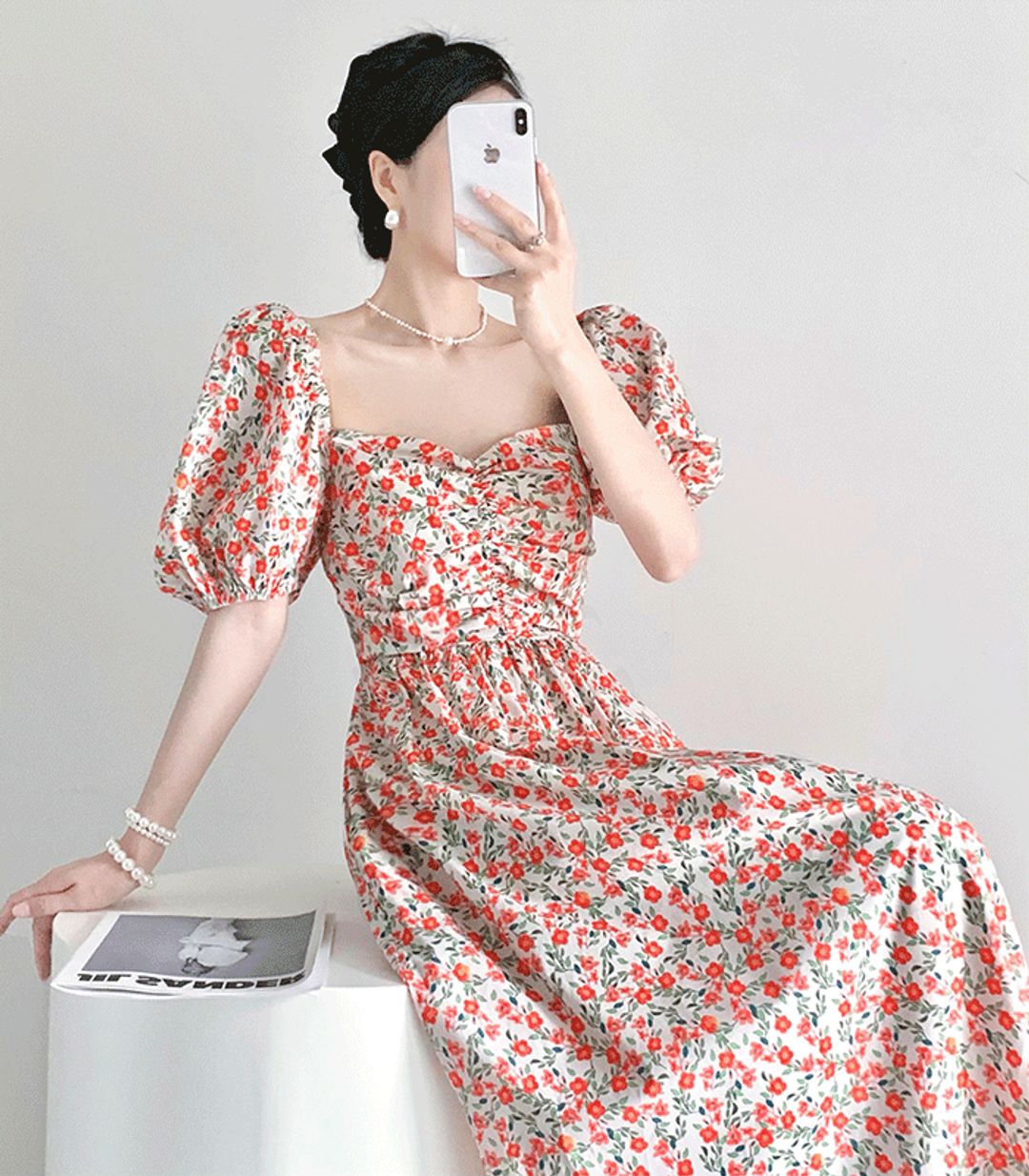 오렌지 플라워 로맨스 스퀘어넥 슬림핏 하트넥 셔링 주름 핀턱 플레어 롱 치마 여름 꽃 드레스 여성 아우터 로맨틱 빈티지 플로랄 미디 복고풍 레트로 퍼프 슬리프 주름치마 꽃