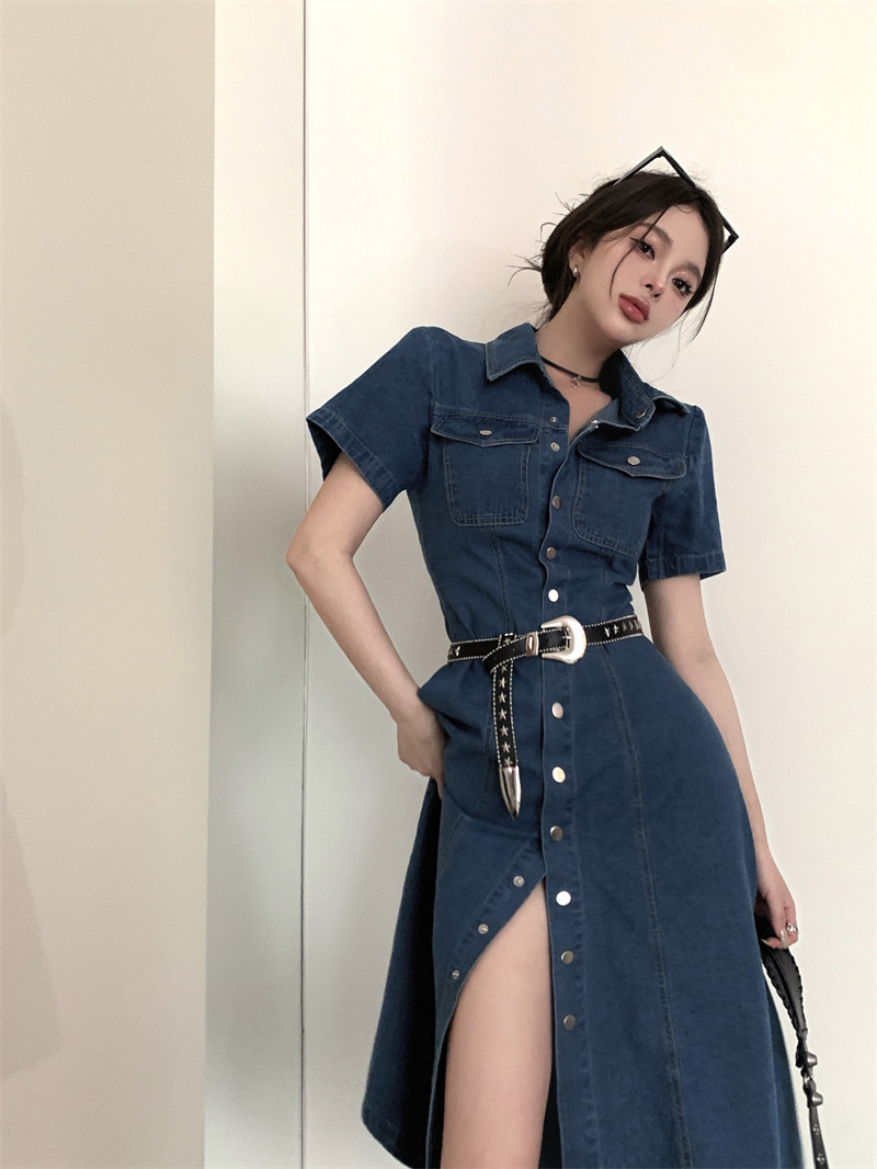 버튼 블루 데님 원피스 카라 단추 여밈 포켓 포인트 여름 반팔 하프 소매 페미닌 A 라인 몸매 보정 롱 미디 플레어 스커트 치마 드레스 캐주얼 힙한 레트로 여친 데이트 룩
