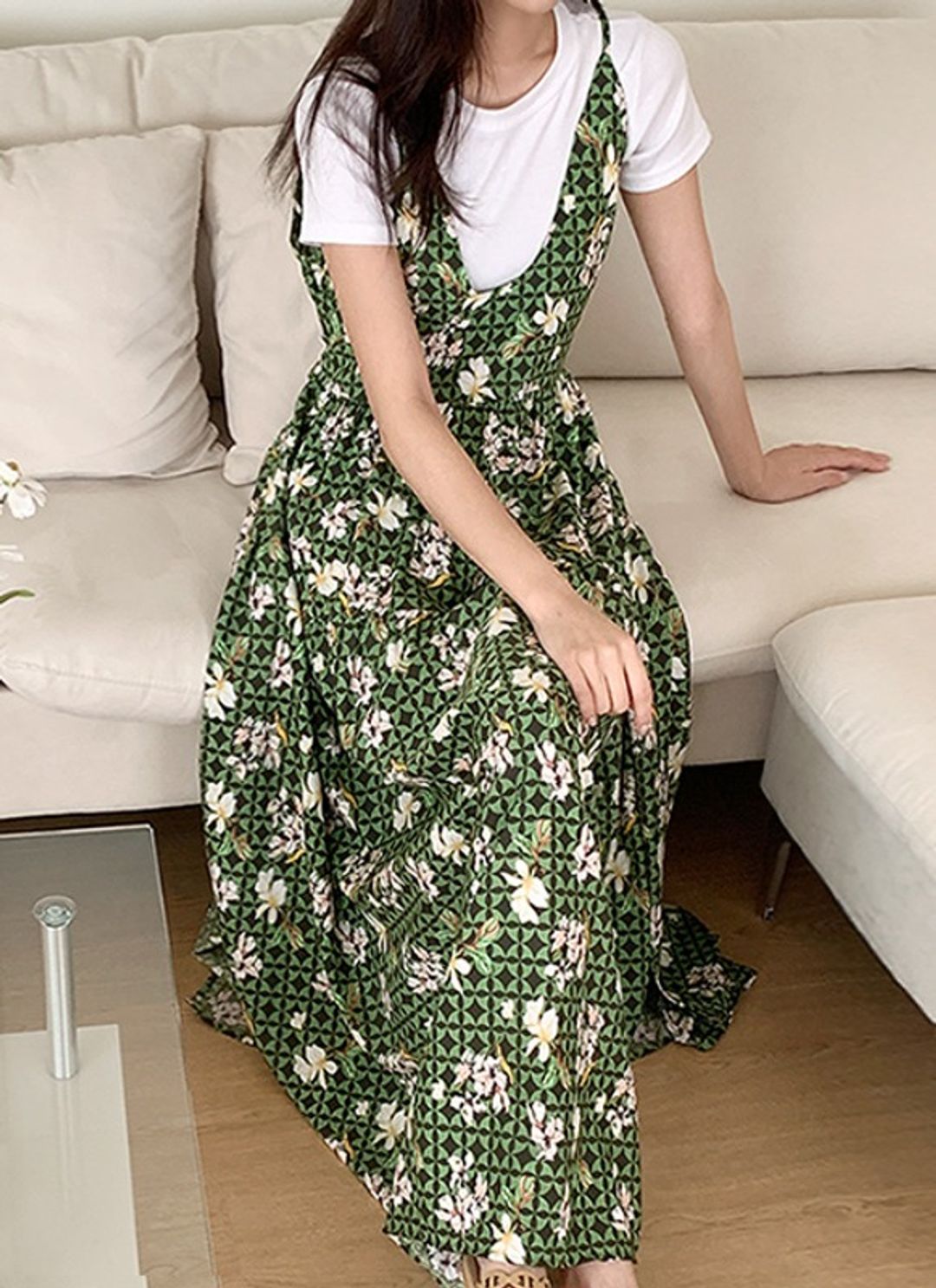 플라워 뷔스티에 끈 나시 루즈핏 비올라 플라워 셔링 주름 캉캉 맥시 롱 원피스베이지 그린 핑크3044593