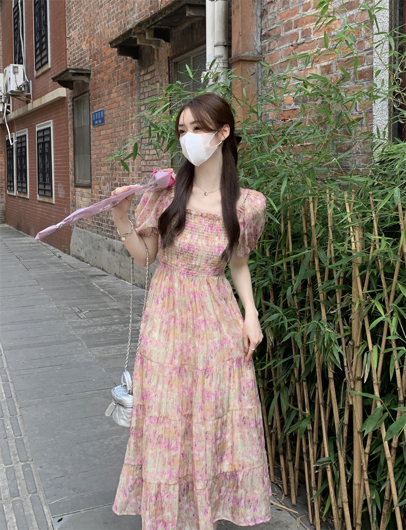 핑크 파스텔 러블리 원피스 스퀘어 넥 벌룬 소매 반팔 하프 슬리브 밴딩 하이 웨스트 A 라인 미디 롱 플레어 스커트 치마