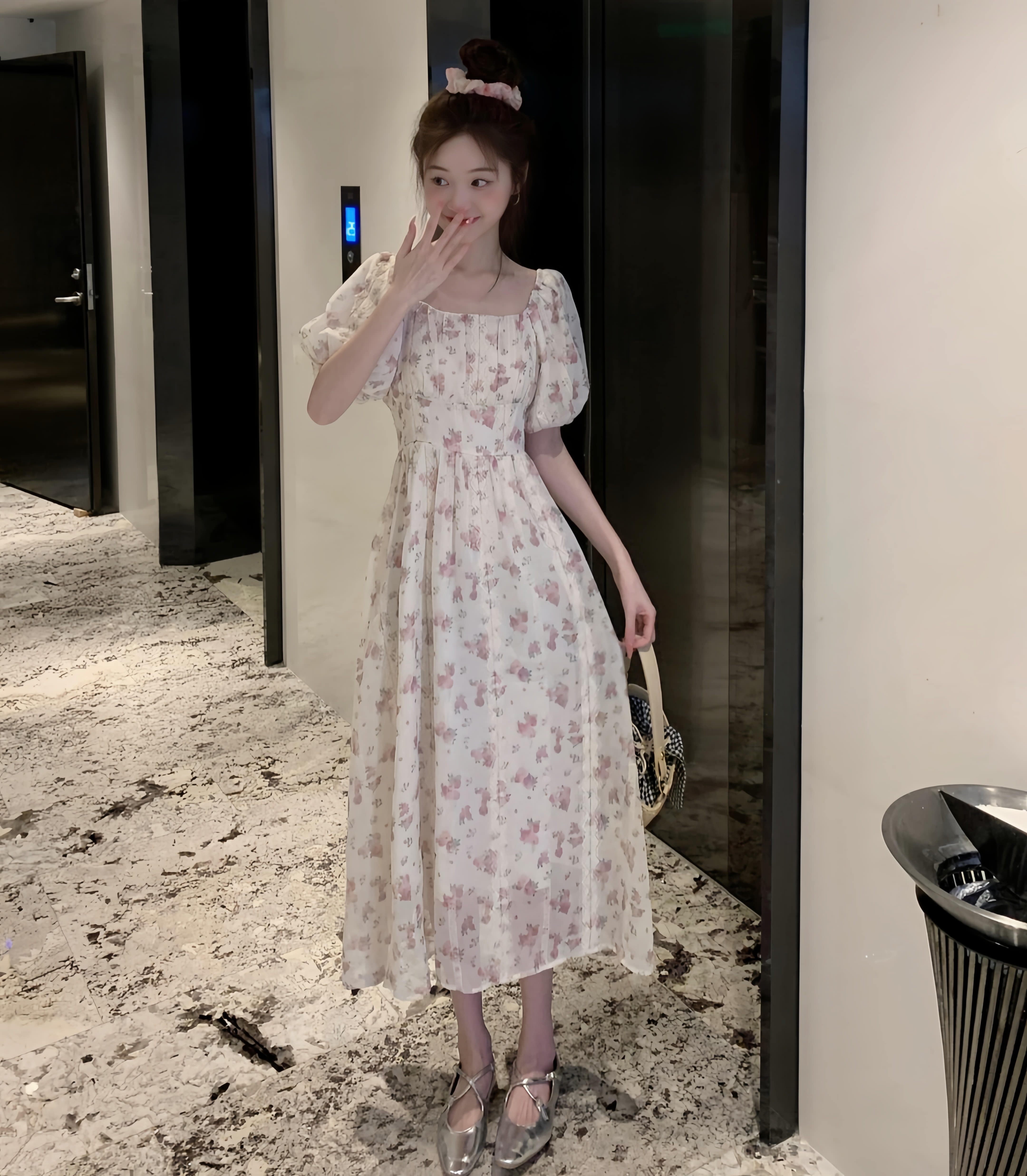 빈티지 무드 프렌치 플라워 원피스 스퀘어 넥 셔링 레이스 하이 웨스트 벌룬 퍼프 소매 반팔 하프 슬리브 A 라인 롱 미디