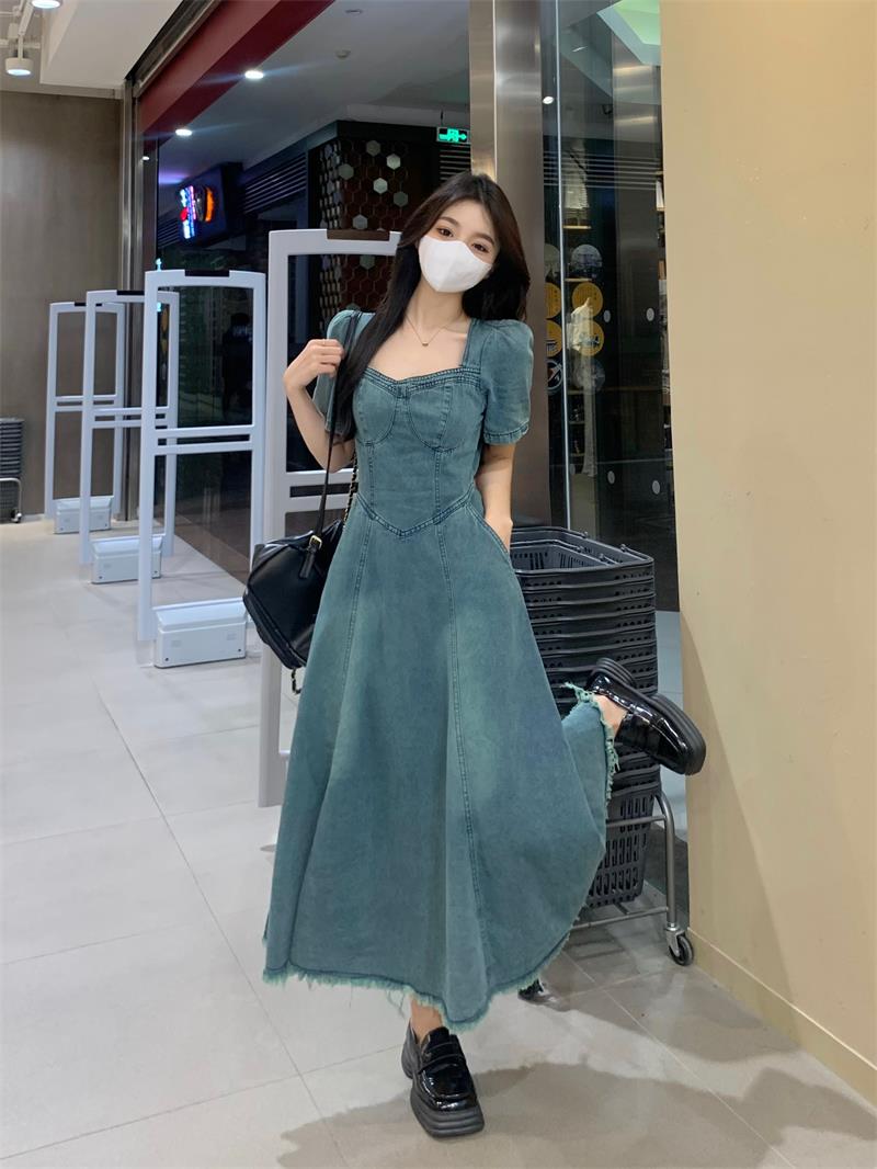 블롱뮤 레트로 플레어 롱 데님 원피스 스퀘어 넥 반팔 하프 소매 페미닌 러블리 캐주얼 A 라인 플레어 롱 미디 스커트 치마
