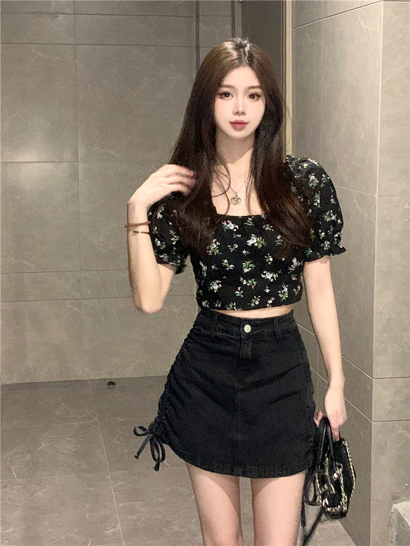 블랙 플라워 블라우스리본 스커트 Set 스퀘어 넥 벌룬 반팔 하프 소매 크롭 미니 숏 플로럴 꽃 무늬 블라우스 셔츠 탑하이 웨스트 A 라인 하이틴 셔링 레이스 업