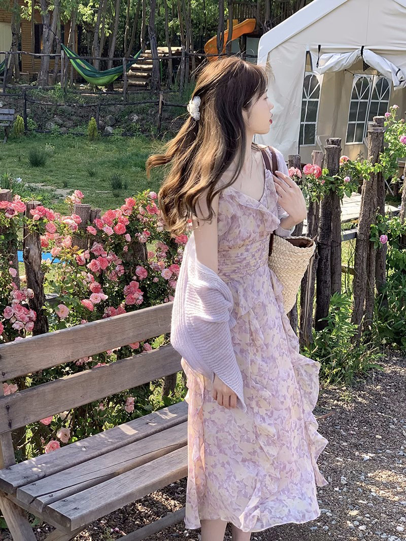 블롱뮤 프릴 바이올렛 플라워 원피스가디건 Set 쉬폰 V 브이 넥 슬리브리스 하이 웨스트 끈 나시 롱 미디 셔링 페미닌 A