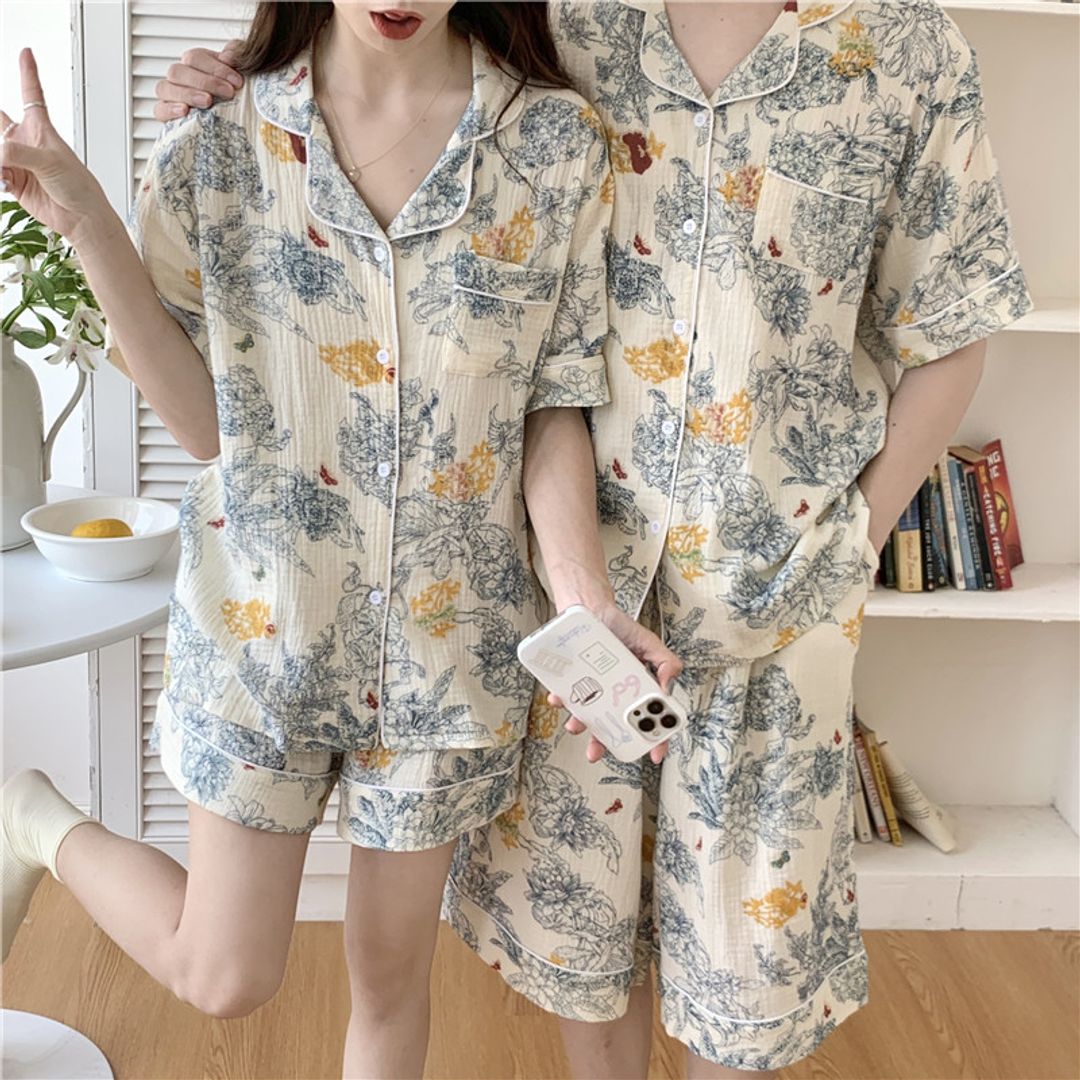 요루면 수채화 커플 잠옷 여름 반팔 플라워 순면 지지미 신혼 파자마 세트