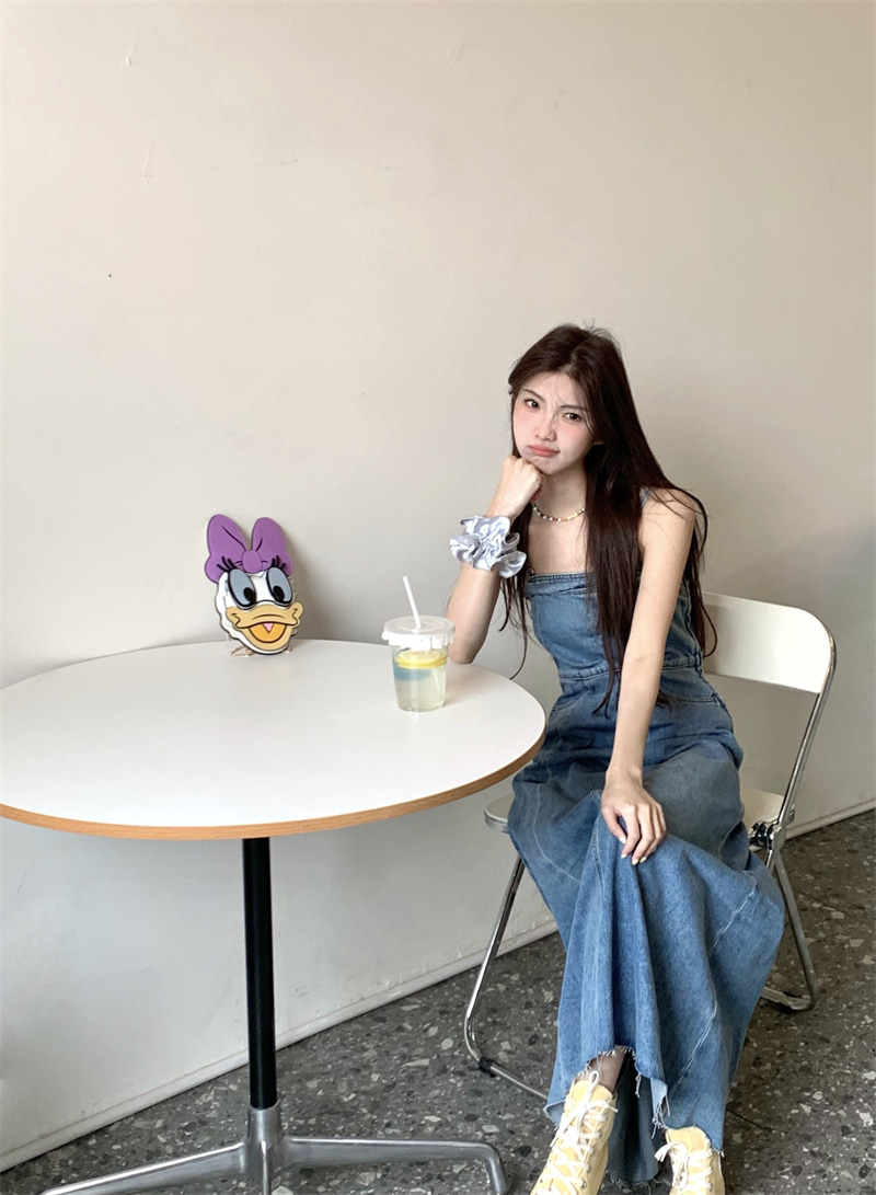 심플 롱 데님 원피스 스퀘어 넥 슬리브리스 끈 나시 하이 웨스트 A 라인 롱 미디 플레어 스커트 치마 드레스 빈티지 레트로 캐주얼 봄 여름 워싱 중청 여친 청청 패션 데이트 룩