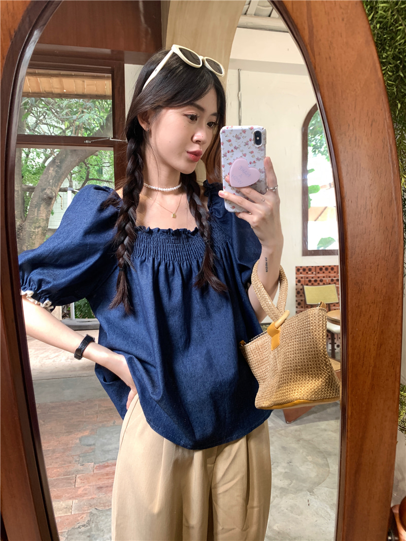프릴 청순 데님 블라우스 스퀘어 넥 벌룬 하프 퍼프 소매 반팔 루즈 핏 청순 여리 레트로 빈티지 복고 풍 캐주얼 러블리 청