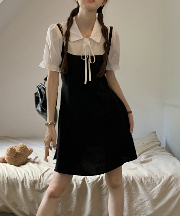 포앤바이앤 투피스같은원피스 셔츠 카라 리본타이 퍼프소매 반팔 블라우스 일체형 A라인 뷔스티에 블랙 미니 원피스 여름 레트로 복고풍 러블리 큐티 데일리룩 하객룩 하객원피스
