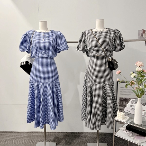 이프유마인 블라우스스커트set페미닌 여름 고방 체크 벌룬 퍼프 크롭 반팔 블라우스 A라인 플레어 프릴 캉캉 머메이드