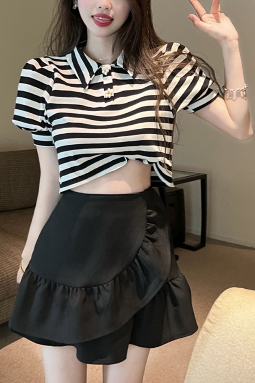 Set 스트라이프 폴로 카라넥 버블 반팔 크롭 탑 프릴 미니 스커트 투피스 세트
