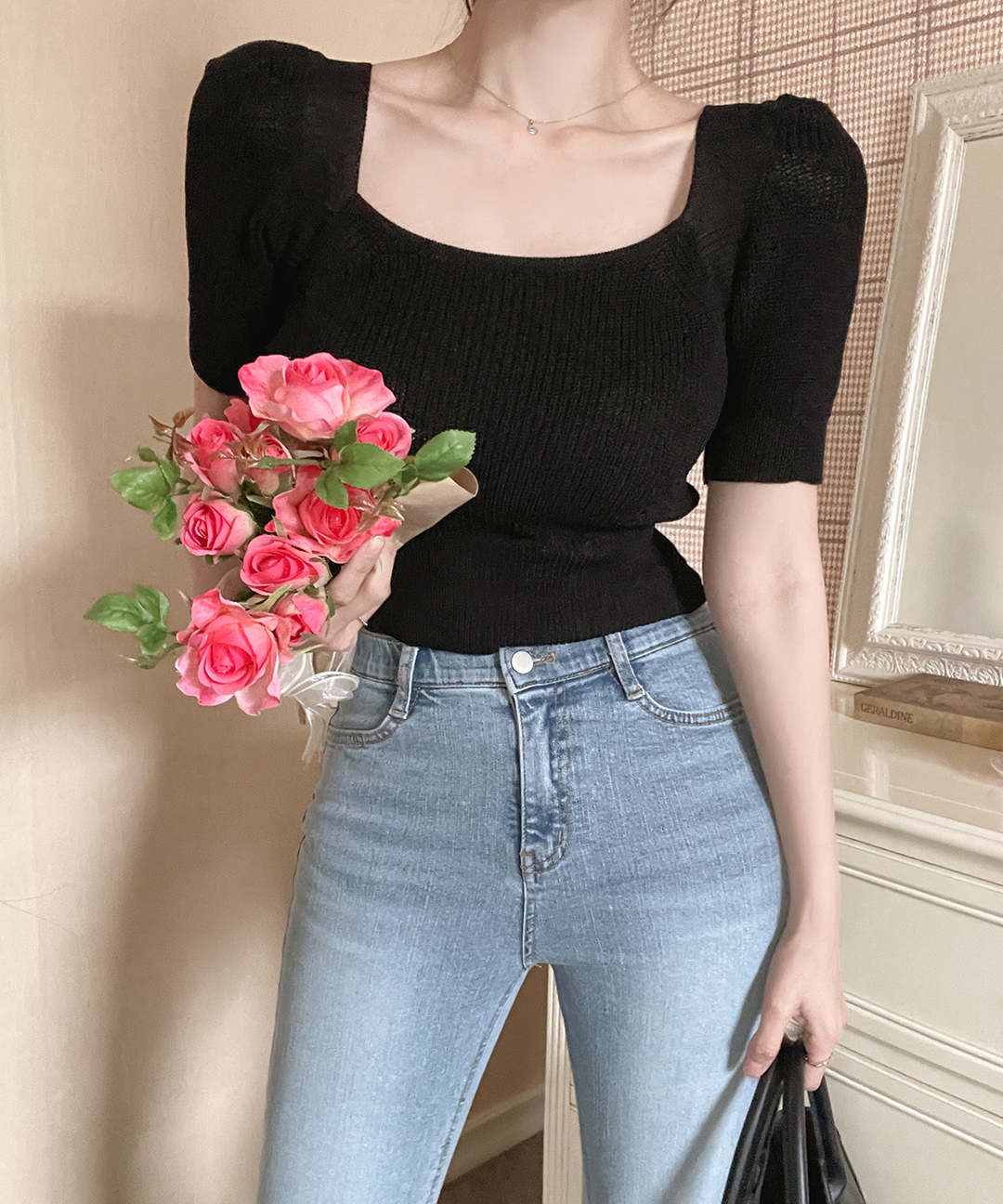 뷰애디 퍼프소매 백리본 골지 반팔 니트신상데일리룩데일리봄여름러블리휴양지백리스크롭하객스퀘어