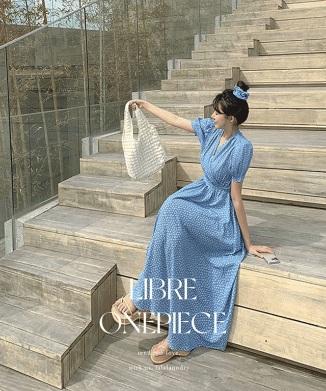 [메가세일💕] 리브레 잔꽃 플라워 브이넥 퍼프 플레어 A 롱 반팔 원피스 곱창 악세사리 세트