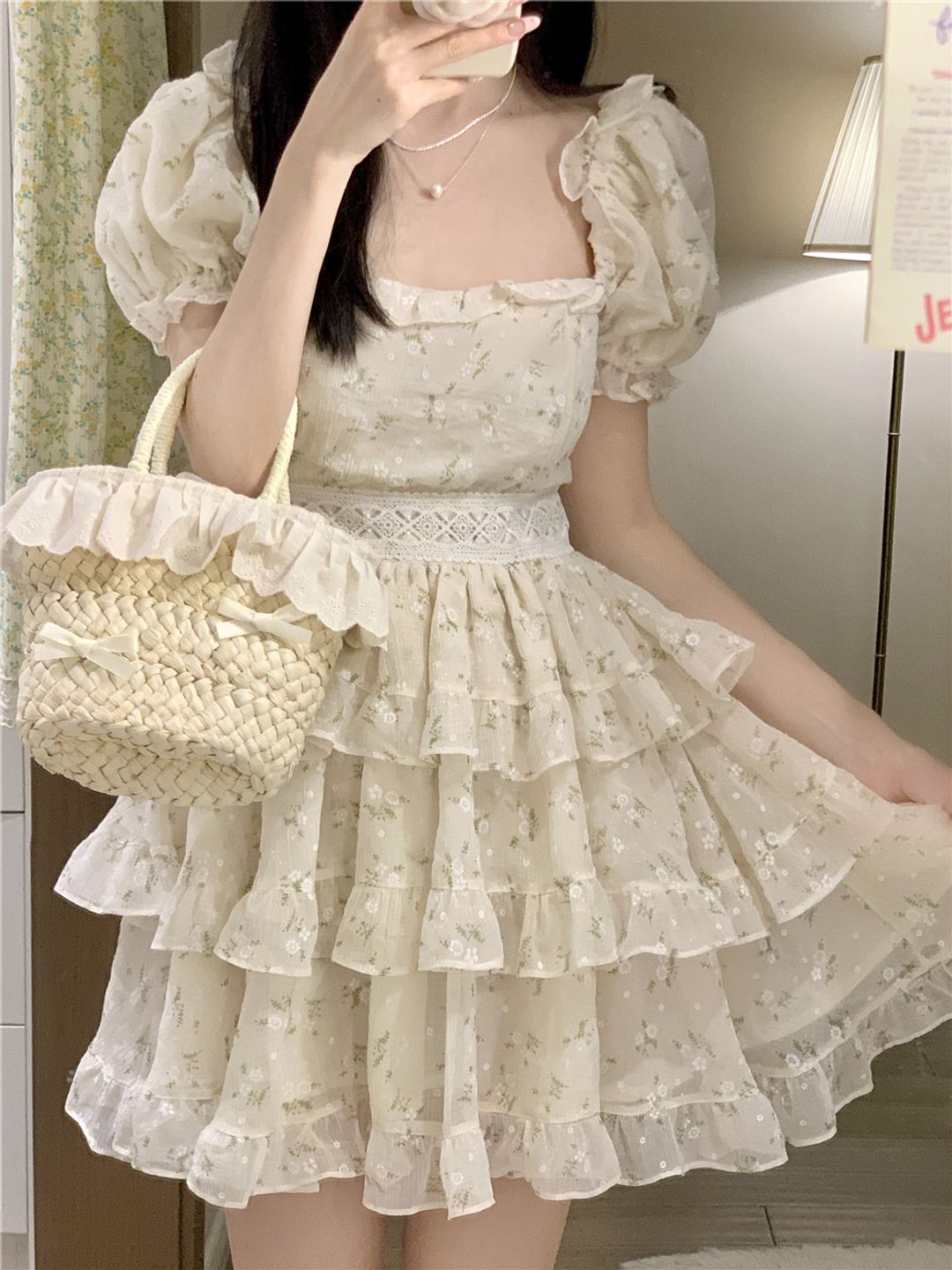 프릴 플라워 러블리 원피스 스퀘어 넥 셔링 벌룬 하프 소매 반팔 하이 웨스트 레이스 밴딩 A 라인 플레어 티어드 캉캉 미니