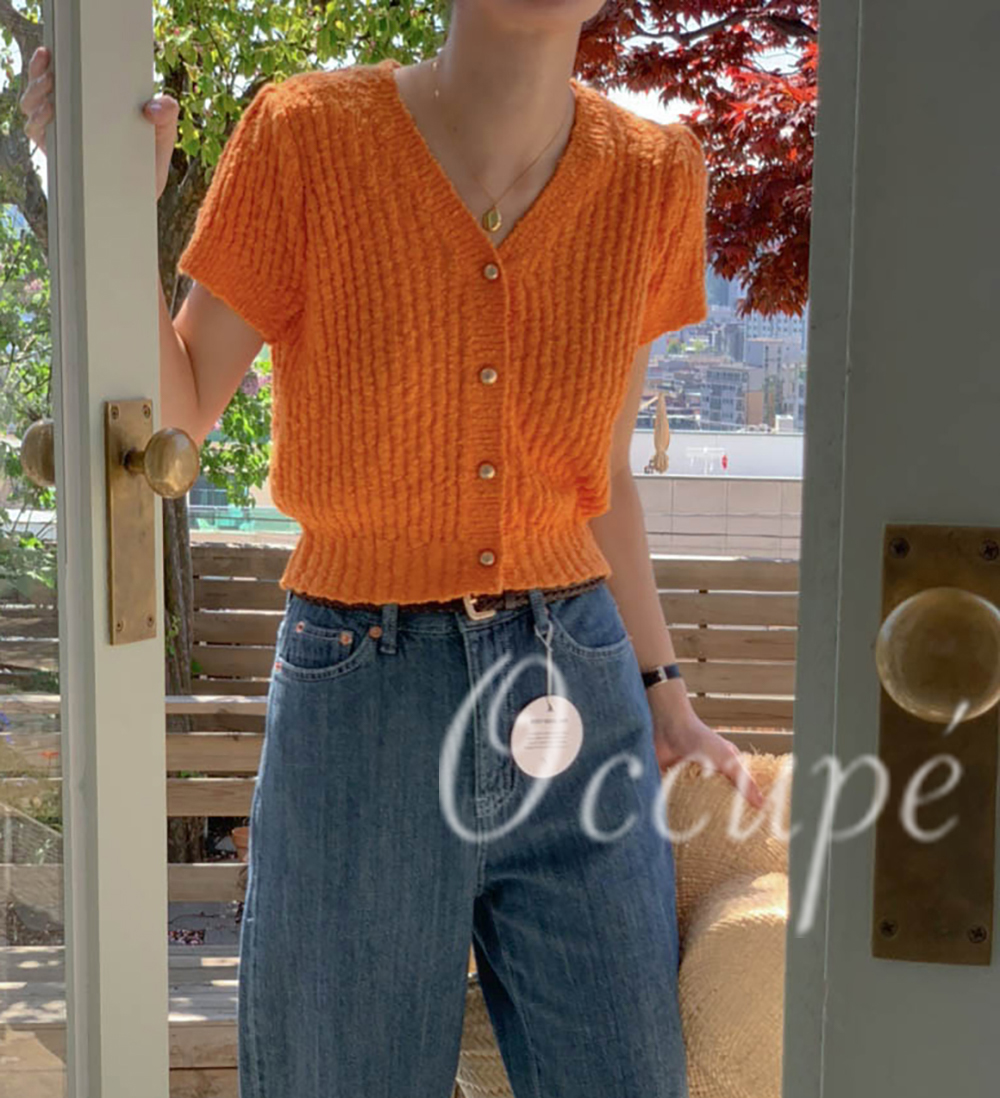 오큐페 [당일]시그니처 폼폼 가디건 (4col) signature 브이넥 여름 반팔가디건