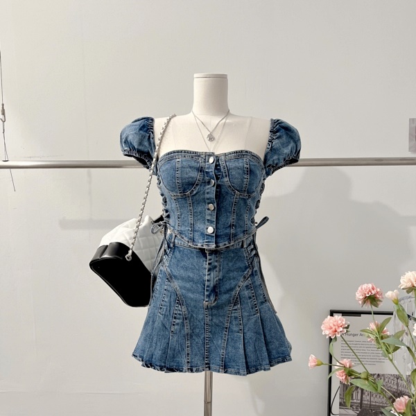 자켓스커트set하이틴 여름 애플 데님 청 코르셋 아일렛 리본 벌룬 퍼프 크롭 반팔 자켓 블라우스 A라인 플레어 플리츠 미니 스커트 투피스 세트