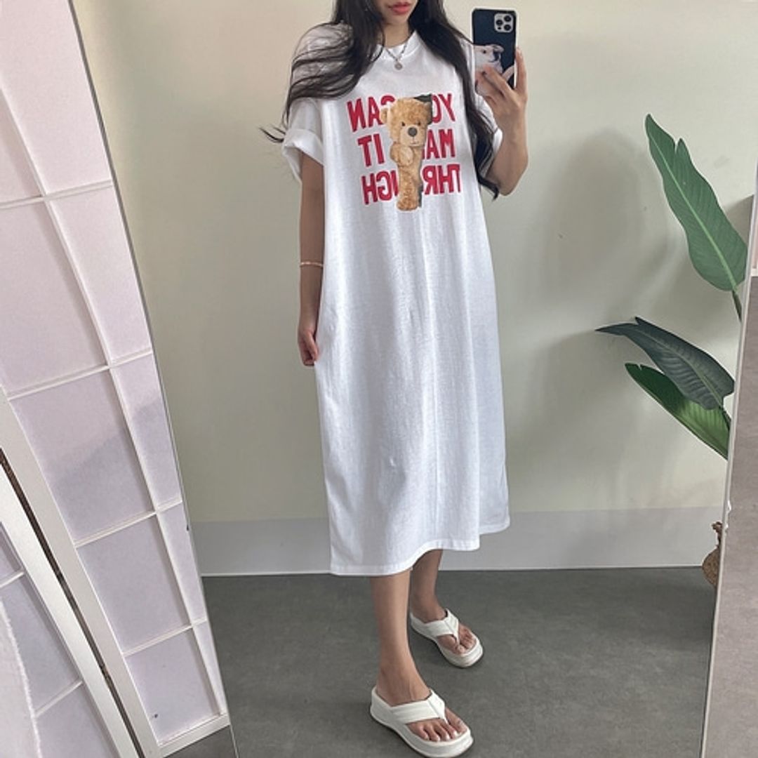 꾸안꾸 반쪽 베어 캐쥬얼 반팔 롱 원피스