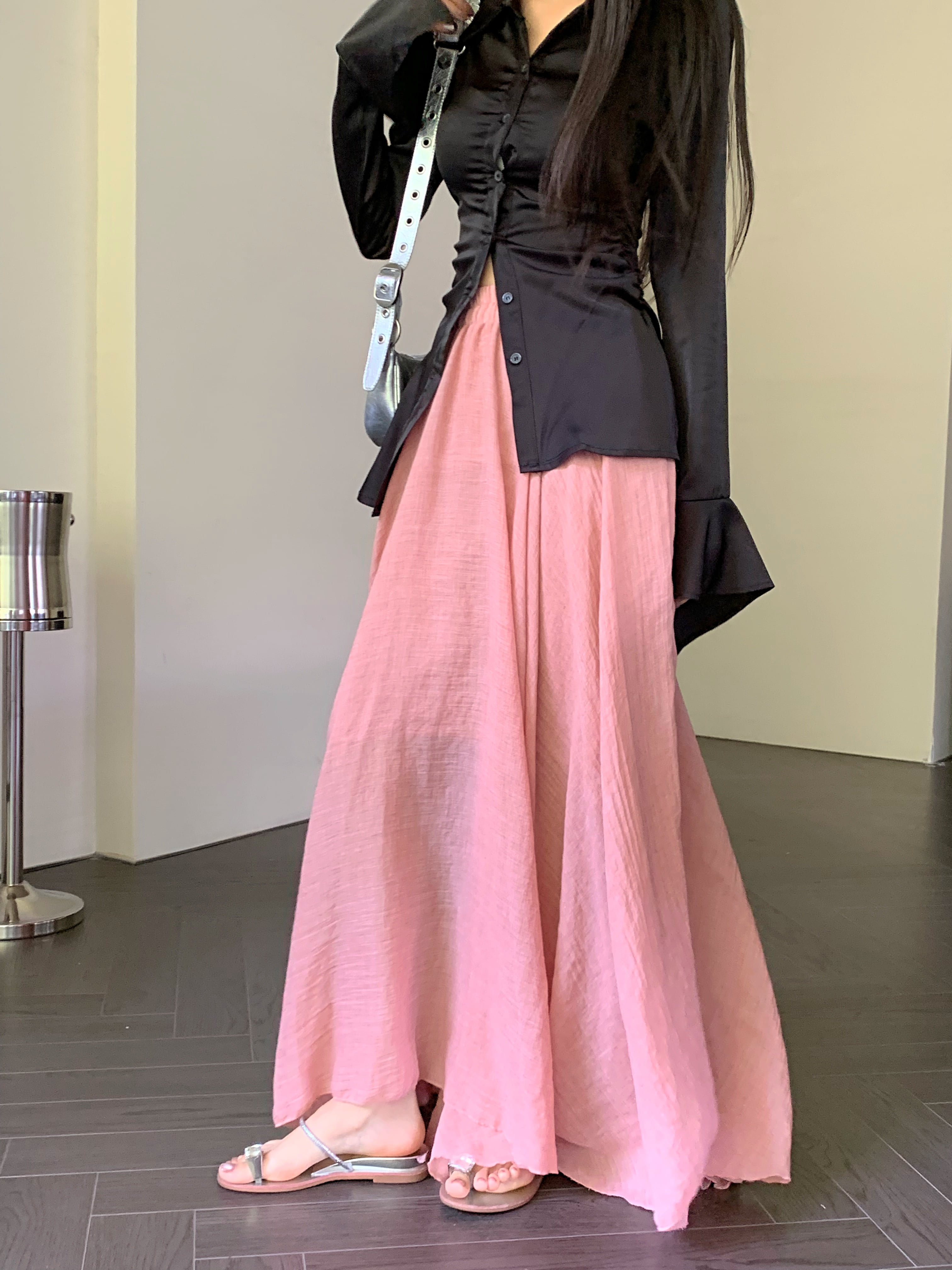 맥시 롱 린넨 셔링 스커트 고 퀄리티 하이 엔드 드레이프 발레코어 발레리나 청순 여리 하늘하늘 밴딩 하이 웨스트 A 라인 롱 미디 플레어 스커트 치마 페미닌 프렌치 무드