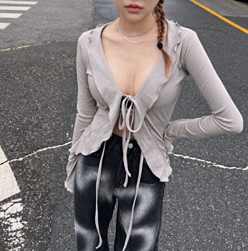 이목 [y2k/여리여리] 프릴 골지 리본 가디건 티(4color)