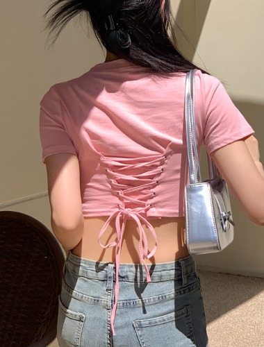 하프닌 르핀 백 아일렛 핑크 레터링 배색 러블리 유니크 라운드넥 Y2k 캐주얼 스트릿 여름 썸머 반팔 크롭 티셔츠
