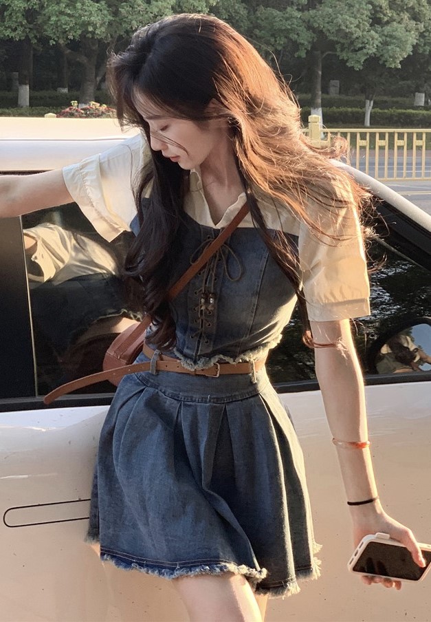 하프닌 세트구성 디루나 데님 아일렛 뷔스티에 코르셋 배색 퍼프 카라 반팔 크롭 셔츠 하이웨스트 A라인 벨트 플리츠 미니 스커트 Y2k 빈티지 캐주얼 유니크 여름 썸머 투피스