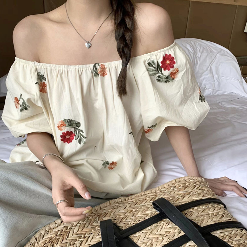 마이미미 플로럴 루즈핏 플라워 자수 시스루 오프숄더 반팔블라우스 벌룬소매 바캉스 데이트코디
