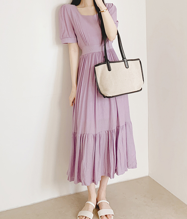 시원한 여름 스퀘어넥 퍼프 소매 반팔 날씬 허리 주름 플리츠 셔링 A라인 플레어 롱스커트 심플한 단색 캉캉 러플 원피스