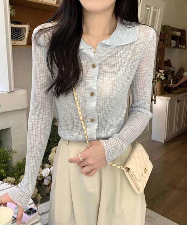 포앤바이앤 여름 긴팔 니트티 카라넥 앞단추 긴팔 긴소매 슬럽 시스루 썬블럭 슬림핏 멜란지 니트탑 블랙 화이트 캐주얼 깔끔한